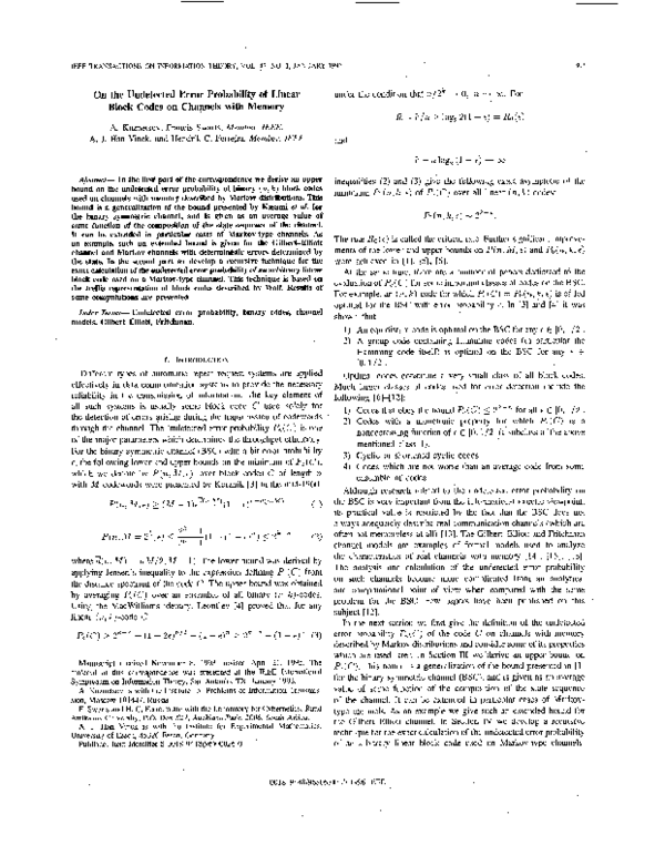 (PDF) On the undetected error probability of linear block codes on channels with memory