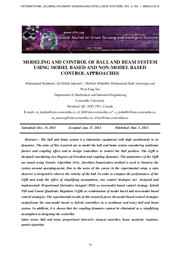 (PDF) MODELING AND CONTROL OF BALL AND BEAM SYSTEM USING MODEL BASED AND NON-MODEL BASED CONTROL ...