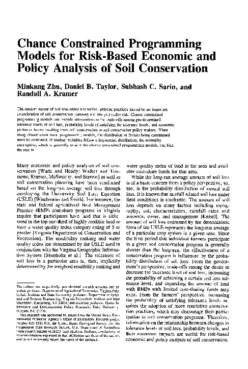 (PDF) Chance Constrained Programming Models for Risk-Based Economic and Policy Analysis of Soil ...
