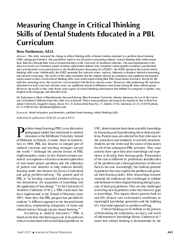 (PDF) Measuring change in critical thinking skills of dental students ...