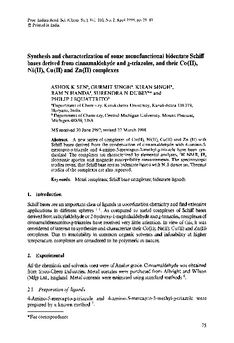 (PDF) Synthesis and characterization of some monofunctional bidentate Schiff bases derived from ...