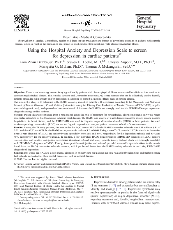 (PDF) Using the Hospital Anxiety and Depression Scale to screen for ...
