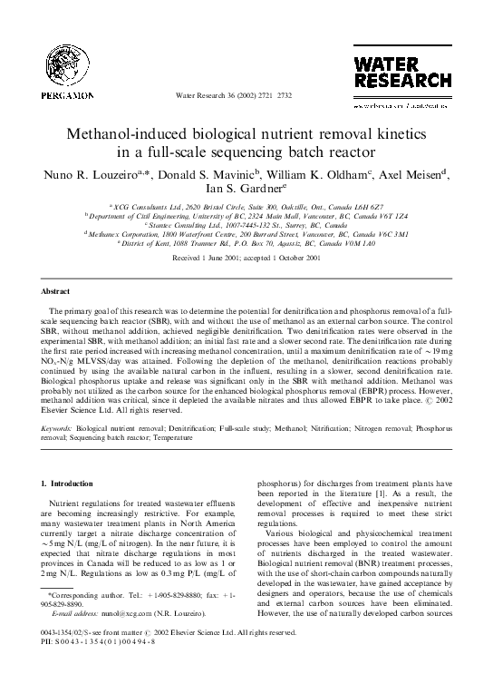 (PDF) Methanol-induced biological nutrient removal kinetics in a full-scale sequencing batch reactor