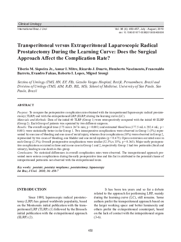 (PDF) Transperitoneal versus extraperitoneal laparoscopic radical prostatectomy during the ...