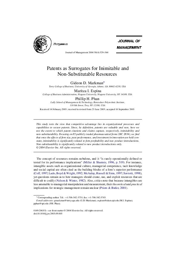 (PDF) Patents as Surrogates for Inimitable and Non-Substitutable Resources