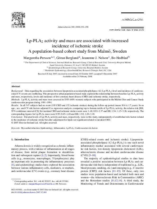 (PDF) Lp-PLA2 activity and mass are associated with increased incidence ...