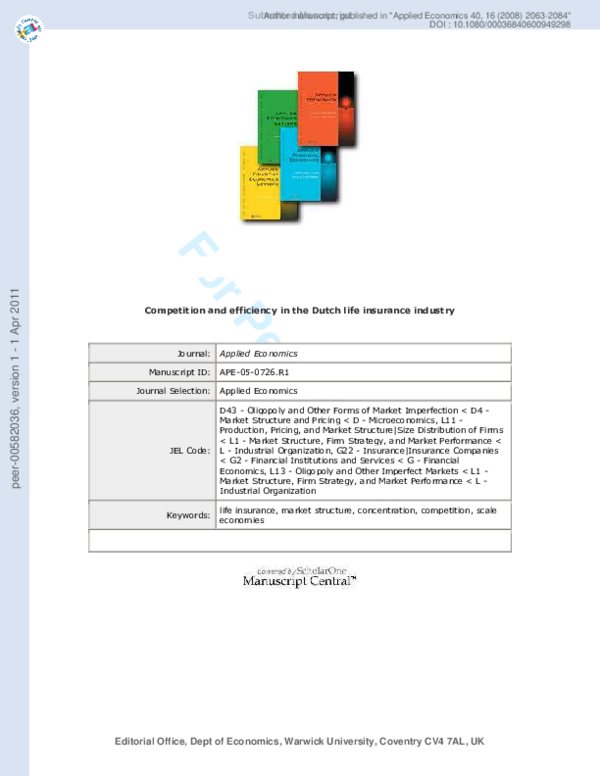 (PDF) Competition and efficiency in the Dutch life insurance industry