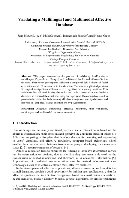Pdf Validating A Multilingual And Multimodal Affective Database