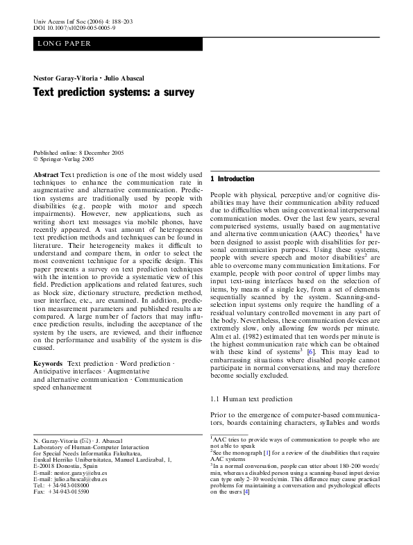 (PDF) Text prediction systems: a survey