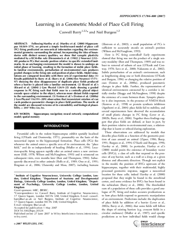 (PDF) Learning in a geometric model of place cell firing
