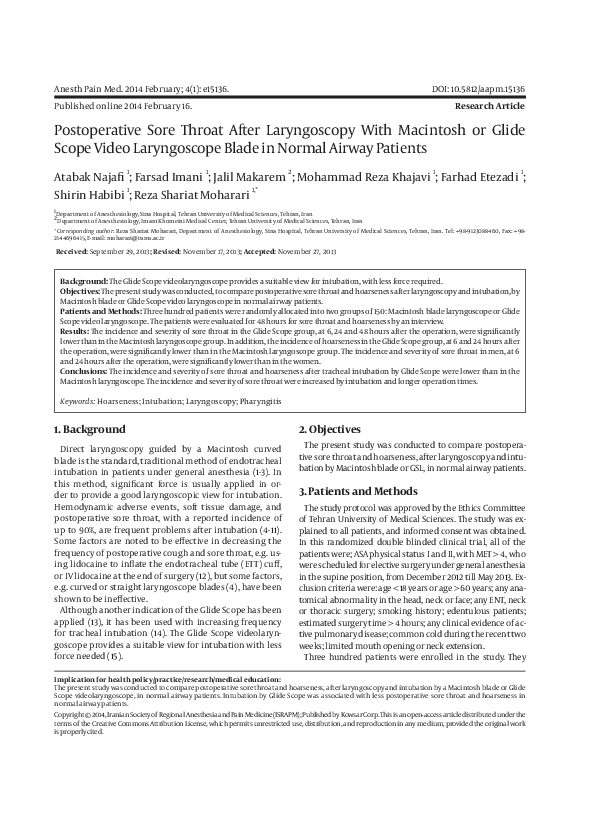 (PDF) Postoperative sore throat after laryngoscopy with macintosh or ...