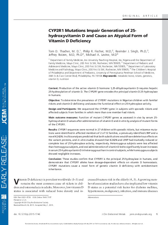 (PDF) CYP2R1 Mutations Impair Generation of 25-hydroxyvitamin D and ...