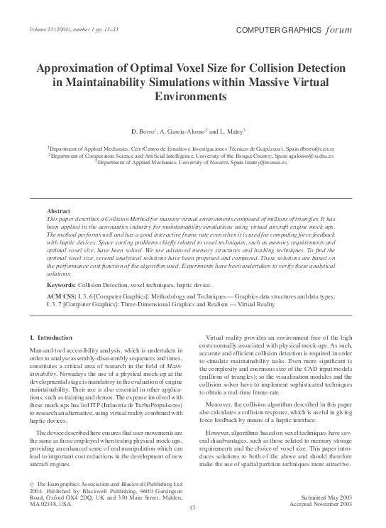Pdf Approximation Of Optimal Voxel Size For Collision Detection In Maintainability Simulations