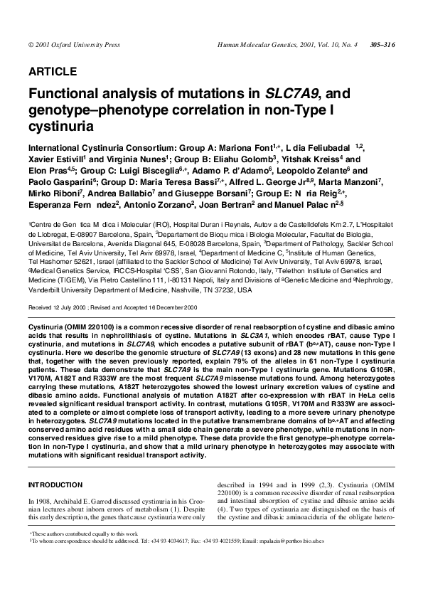 (PDF) Functional analysis of mutations in SLC7A9, and genotype-phenotype correlation in non-Type ...