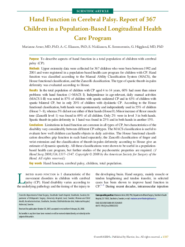(PDF) Hand Function in Cerebral Palsy. Report of 367 Children in a ...