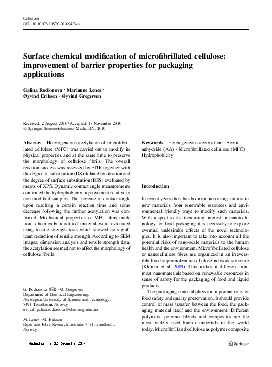 (PDF) Surface chemical modification of microfibrillated cellulose ...
