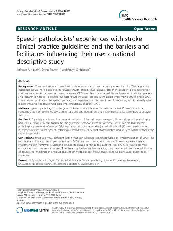 Pdf Speech Pathologists Experiences With Stroke Clinical Practice Guidelines And The Barriers