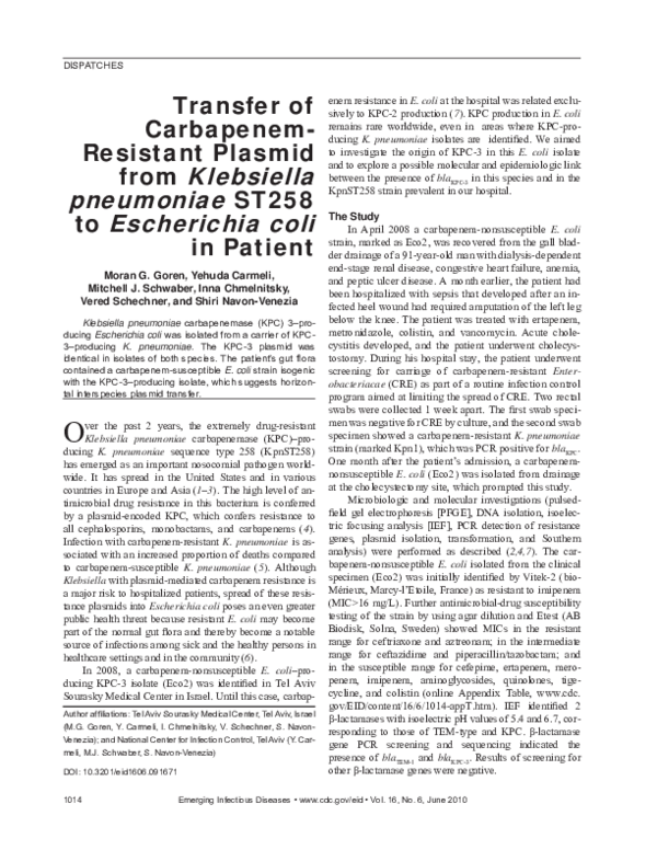 (PDF) Transfer of Carbapenem-Resistant Plasmid from Klebsiella pneumoniae ST258 to Escherichia ...