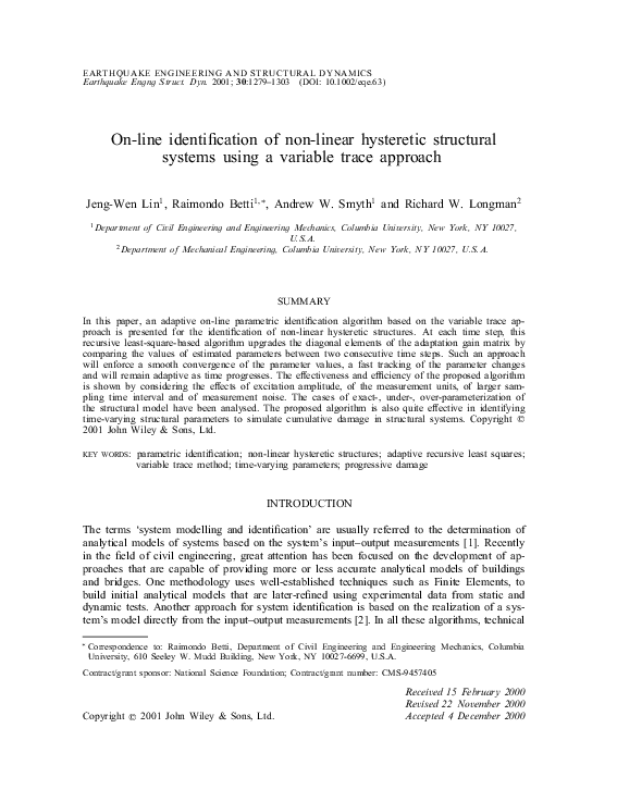 Pdf On Line Identification Of Non Linear Hysteretic Structural Systems Using A Variable Trace