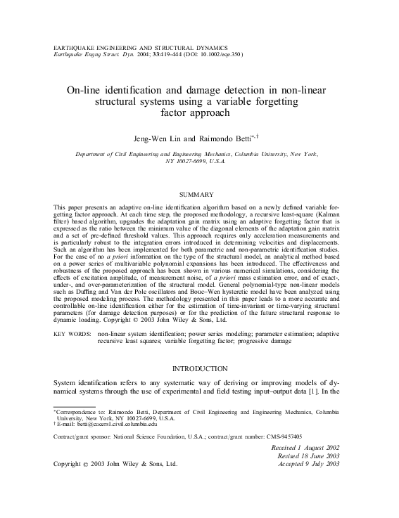 (PDF) On-line identification and damage detection in non-linear ...