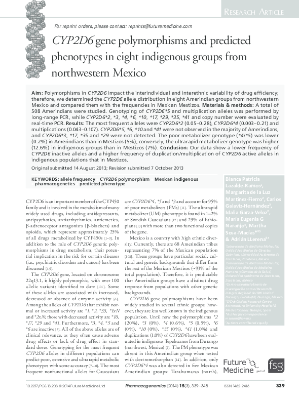 (PDF) CYP2D6 gene polymorphisms and predicted phenotypes in eight ...