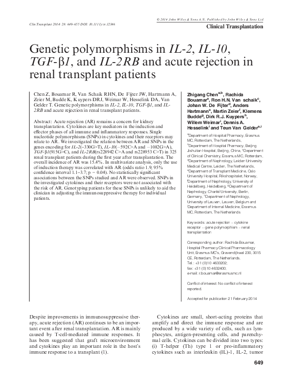 (PDF) Genetic polymorphisms in IL-2 , IL-10 , TGF- β 1 , and IL-2RB and acute rejection in renal ...