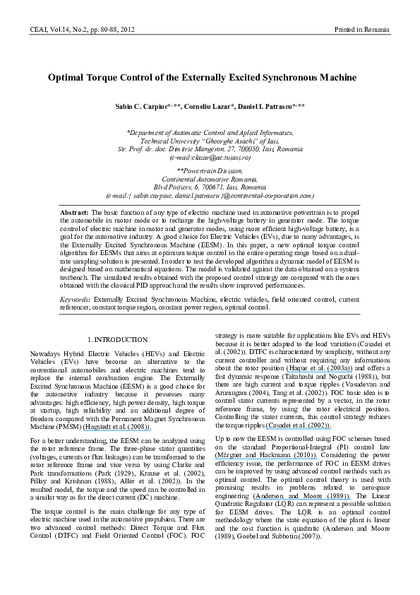 (PDF) Optimal torque control of the externally excited synchronous machine