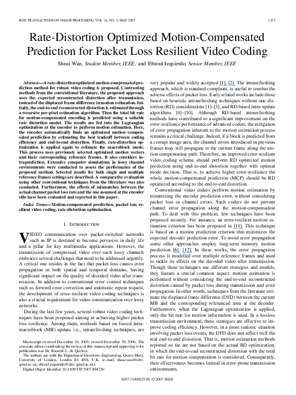 Pdf Rate Distortion Optimized Motion Compensated Prediction For Packet Loss Resilient Video