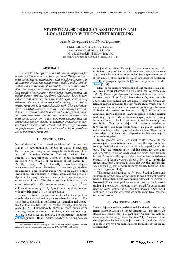 (PDF) Statistical 3D Object Classification and Localization with Context Modeling