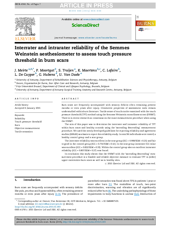 (PDF) Interrater and intrarater reliability of the Semmes Weinstein ...
