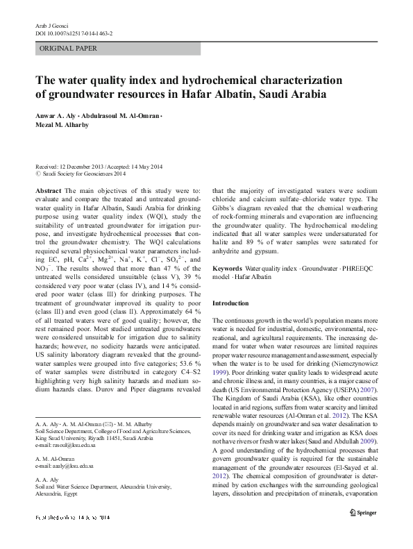(PDF) The water quality index and hydrochemical characterization of groundwater resources in ...
