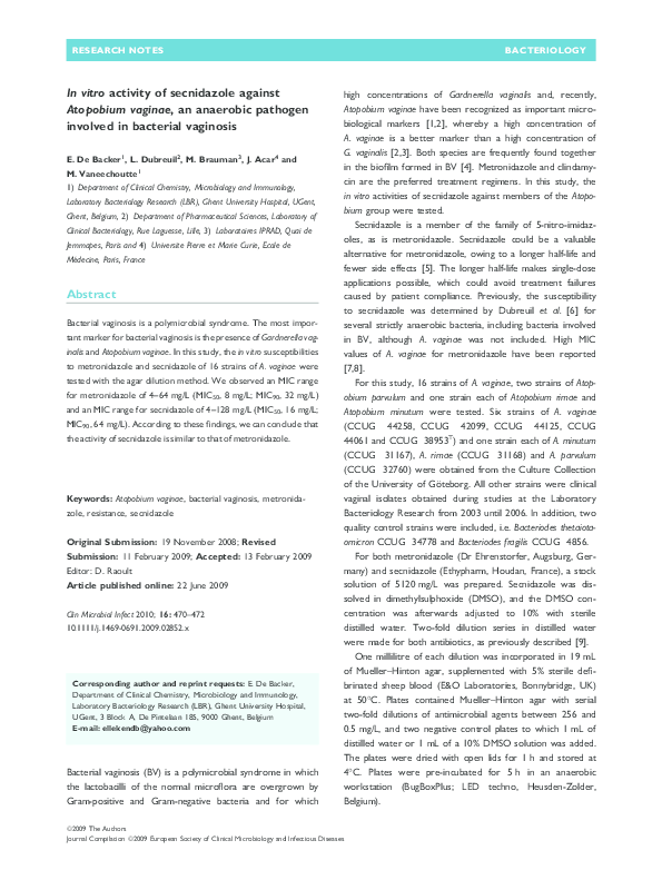 (PDF) In vitro activity of secnidazole against Atopobium vaginae , an anaerobic pathogen ...