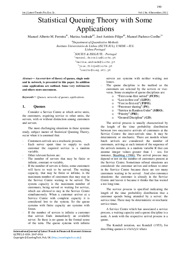 (PDF) Statistical queuing theory with some applications