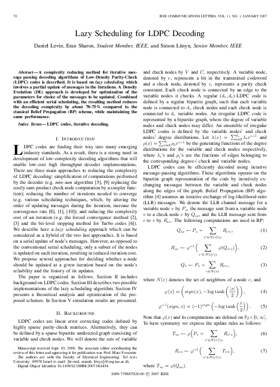 (PDF) Lazy scheduling forLDPC decoding