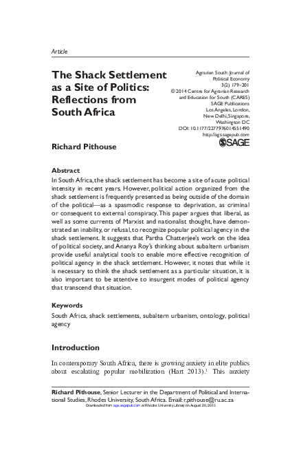 (PDF) The Shack Settlement as a Site of Politics: Reflections from ...