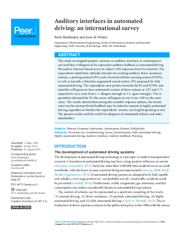 (PDF) Auditory interfaces in automated driving: an international survey