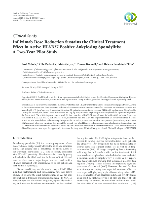 (PDF) Infliximab Dose Reduction Sustains the Clinical Treatment Effect in Active HLAB27 Positive ...