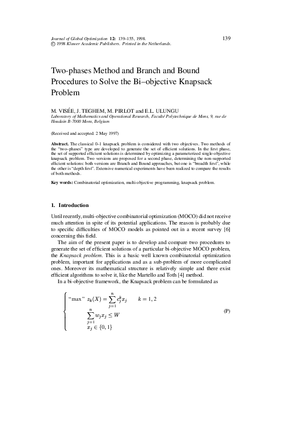 (PDF) Two-phases method and branch and bound procedures to solve the bi–objective knapsack problem