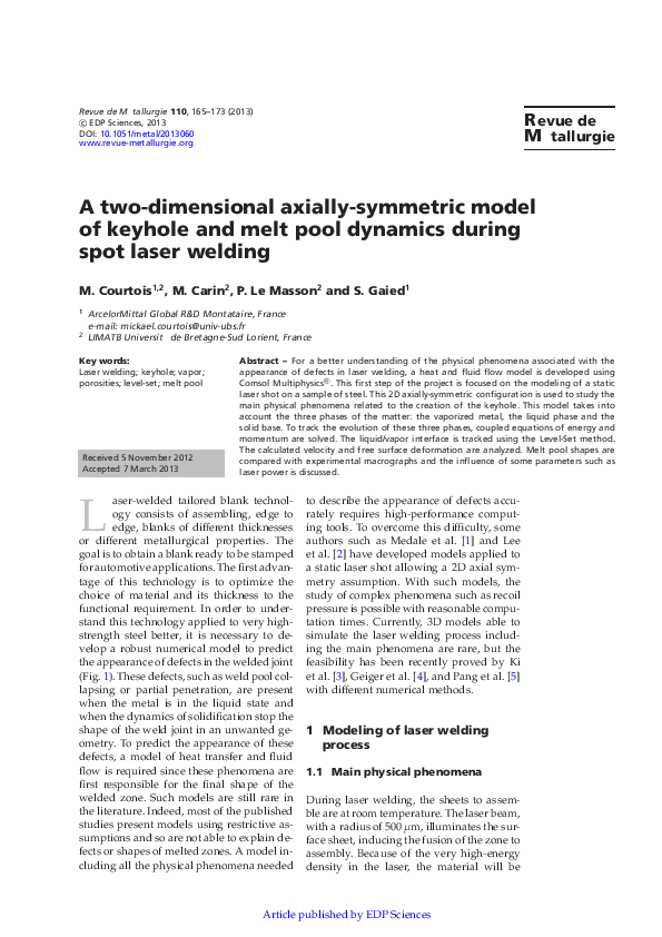 (PDF) A two-dimensional axially-symmetric model of keyhole and melt pool dynamics during spot ...