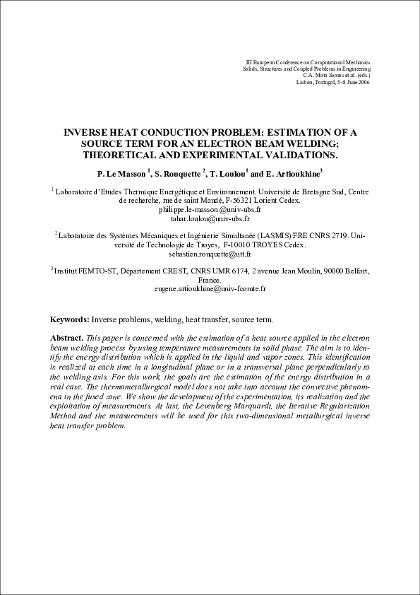 (PDF) Inverse heat conduction problem: Estimation of a source term for an electron beam welding ...