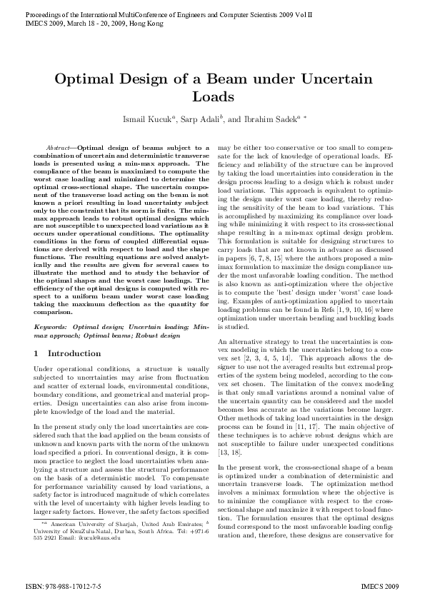 Pdf Optimal Design Of A Beam Under Uncertain Loads
