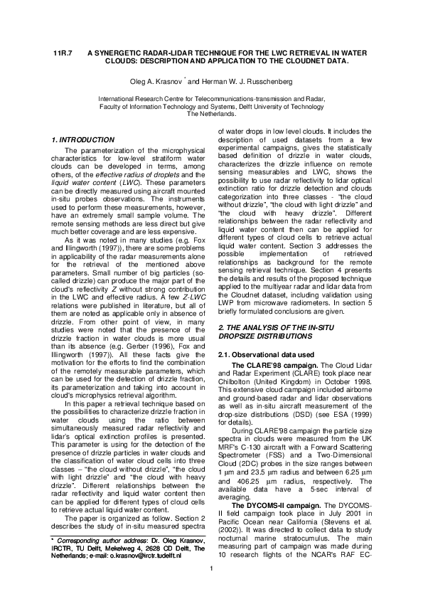 Pdf 11r 7 A Synergetic Radar Lidar Technique For The Lwc Retrieval In Water Clouds