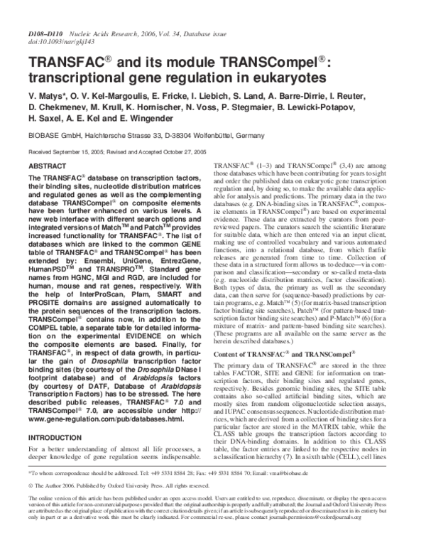 (PDF) TRANSFAC and its module TRANSCompel: transcriptional gene ...