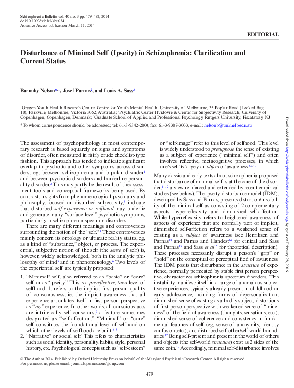 (PDF) Disturbance of Minimal Self (Ipseity) in Schizophrenia ...