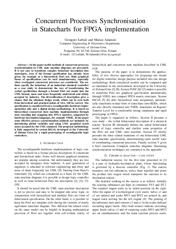 (PDF) Concurrent processes synchronisation in statecharts for FPGA implementation