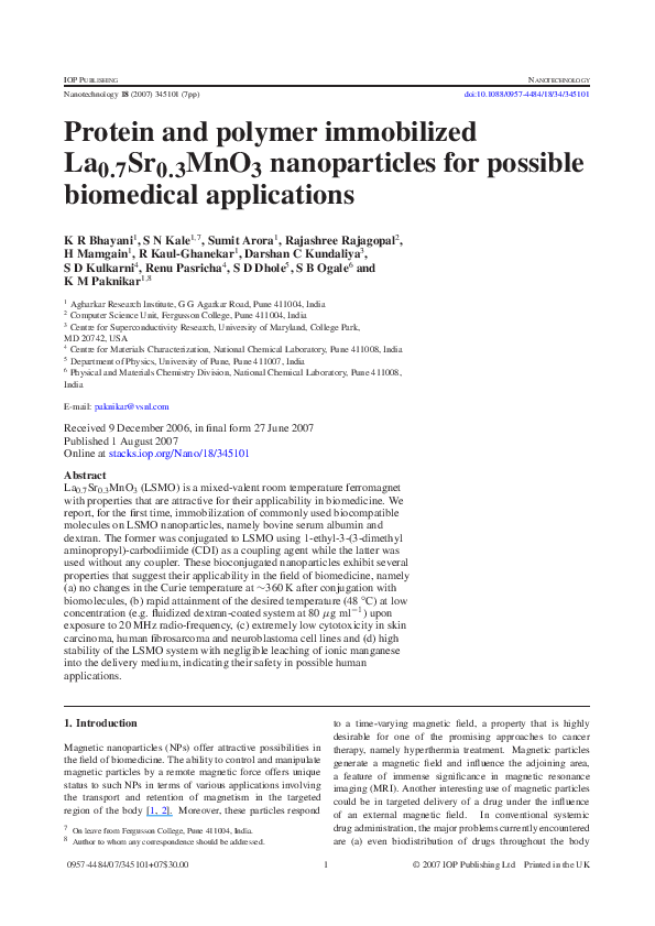 (PDF) Protein and polymer immobilized La 0.7 Sr 0.3 MnO 3 nanoparticles ...