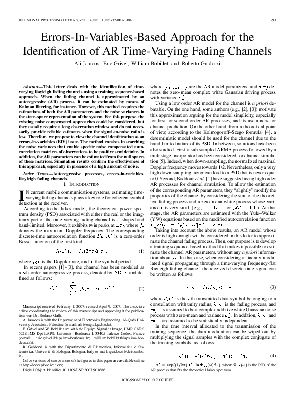 (PDF) Errors-In-Variables-Based Approach for the Identification of AR Time-Varying Fading Channels