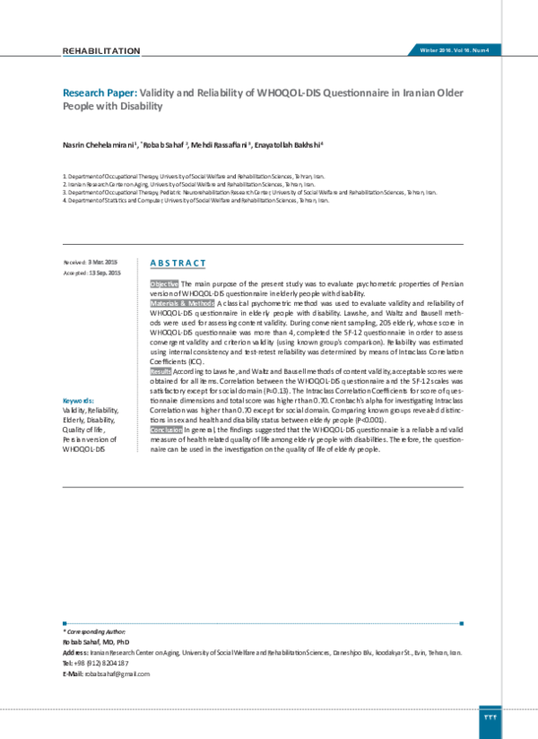 (PDF) Research Paper: Validity and Reliability of WHOQOL-DIS ...