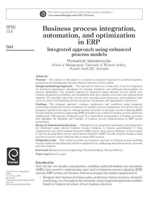 (PDF) Business process integration, automation, and optimization in ERP ...