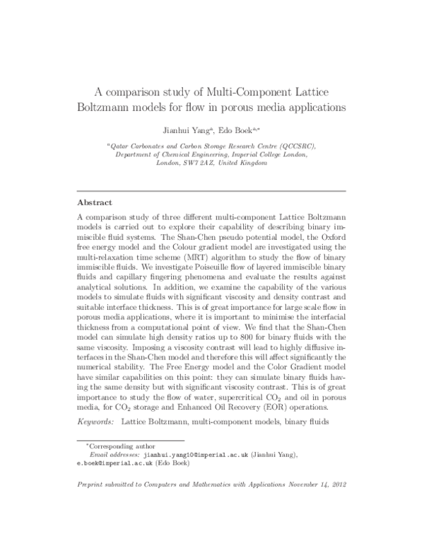 (PDF) A comparison study of multi-component Lattice Boltzmann models for flow in porous media ...